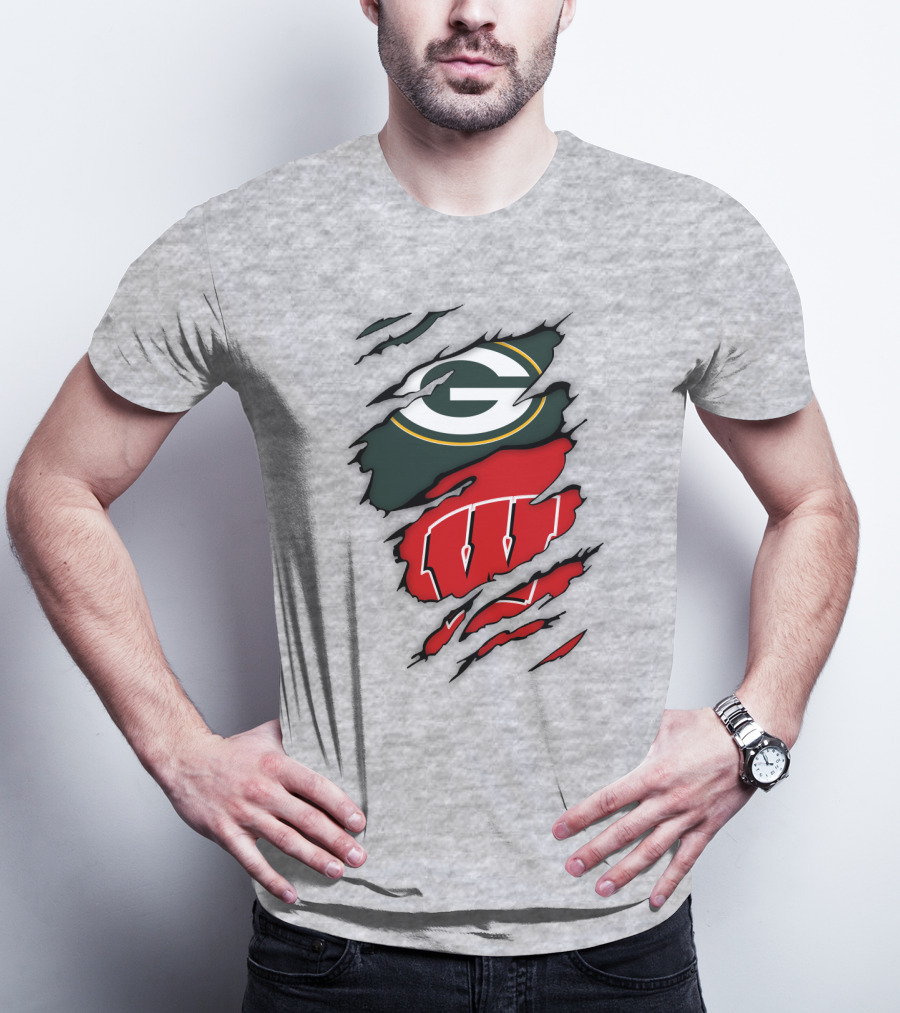 Wisconsin Badgers And Green Bay Packers Claw Marks Logo Mashup T-Shirt