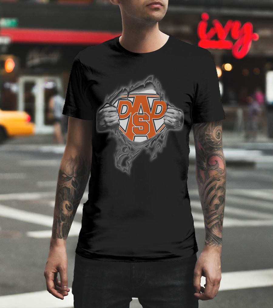 Orange S Dad Superhero Logo Hands Torn Background T-Shirt