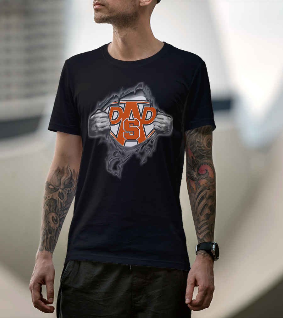 Orange S Dad Superhero Logo Hands Torn Background T-Shirt