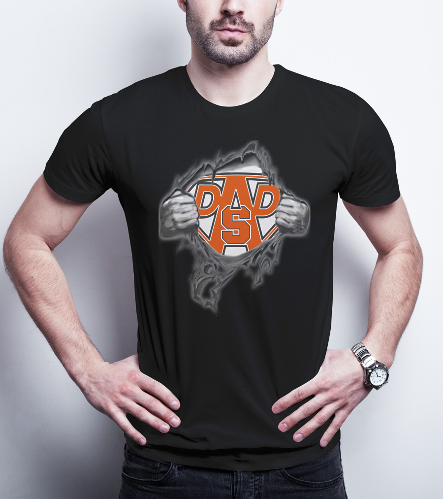 Orange S Dad Superhero Logo Hands Torn Background T-Shirt