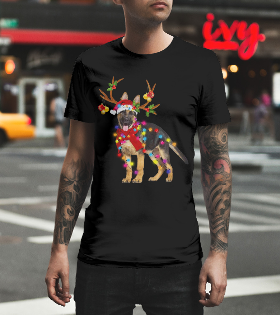German Shepherd Christmas Dog With Reindeer Antlers And Holiday Lights T-Shirt