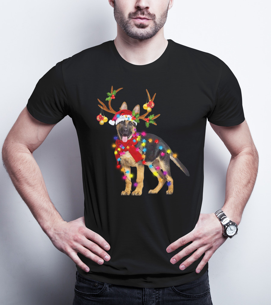 German Shepherd Christmas Dog With Reindeer Antlers And Holiday Lights T-Shirt