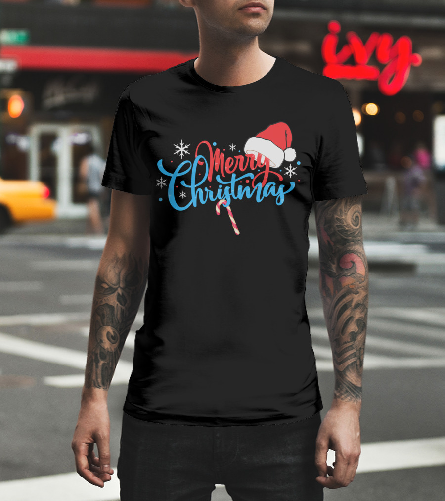 Merry Christmas Nice Santa's Hat Candy Cane Snowflakes T-Shirt