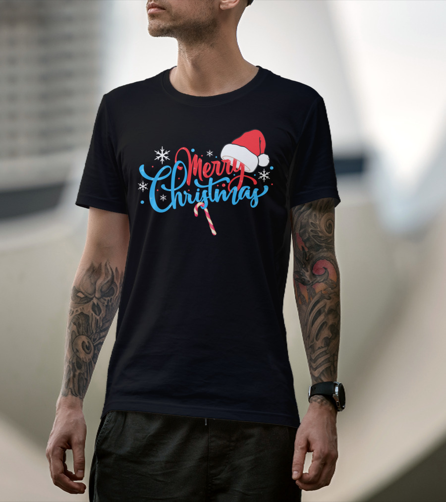 Merry Christmas Nice Santa's Hat Candy Cane Snowflakes T-Shirt