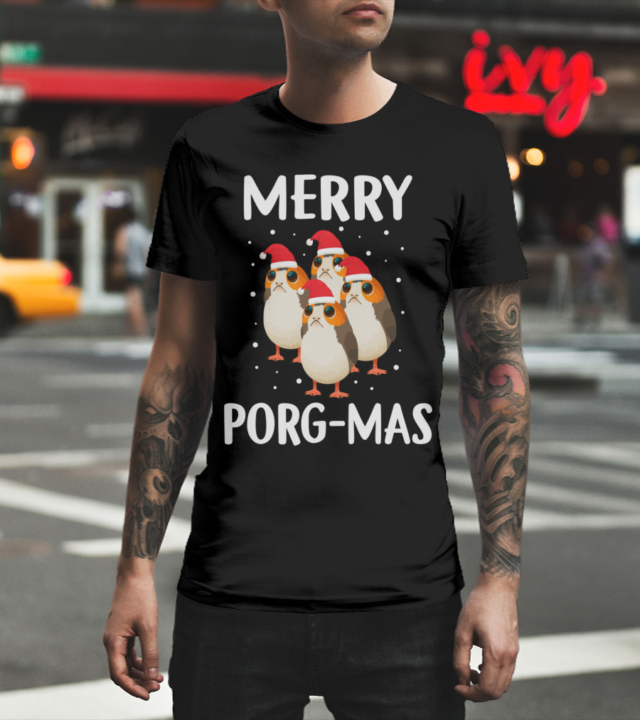 Merry Porg-Mas Christmas Holiday Season With Festive Porgs In Santa Hats T-Shirt