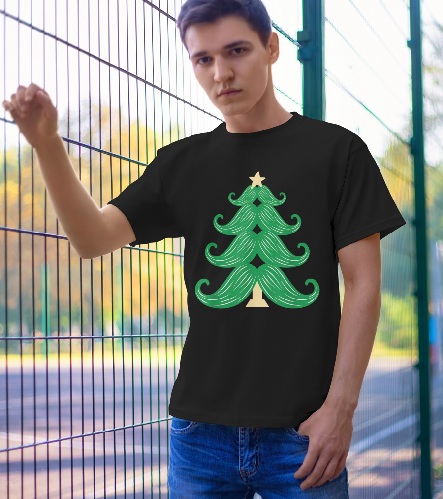 Mustache Christmas Tree Holiday Star T-Shirt