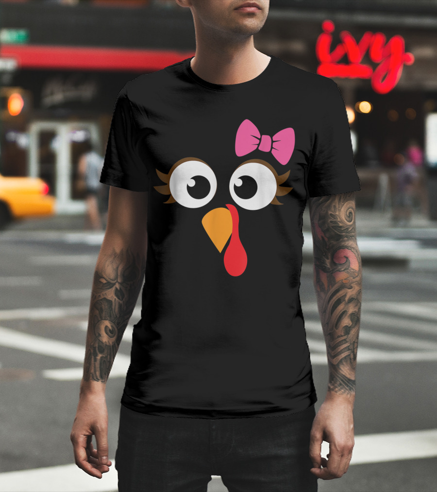 Turkey Face With Pink Bow Girl Cartoon Eyes T-Shirt