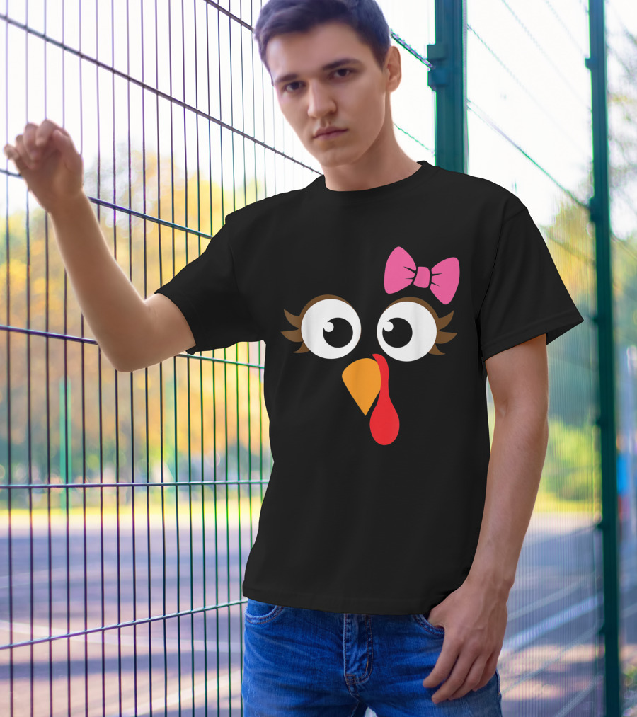 Turkey Face With Pink Bow Girl Cartoon Eyes T-Shirt