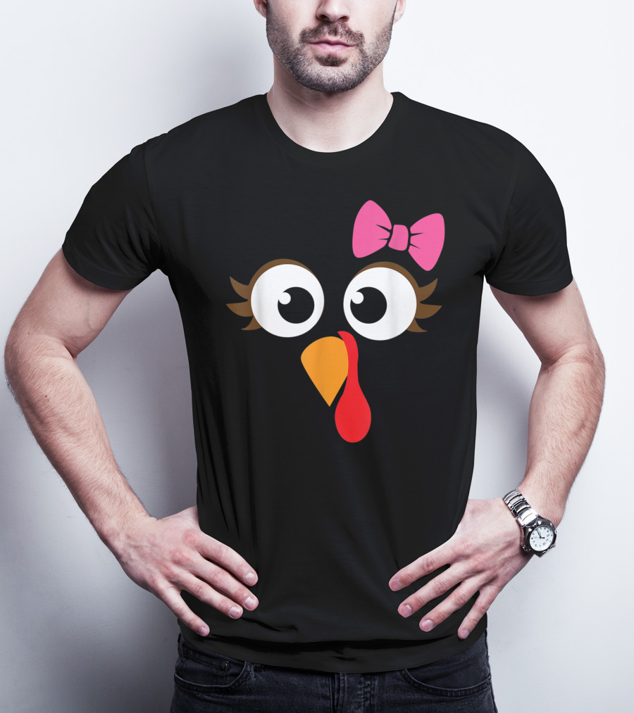Turkey Face With Pink Bow Girl Cartoon Eyes T-Shirt