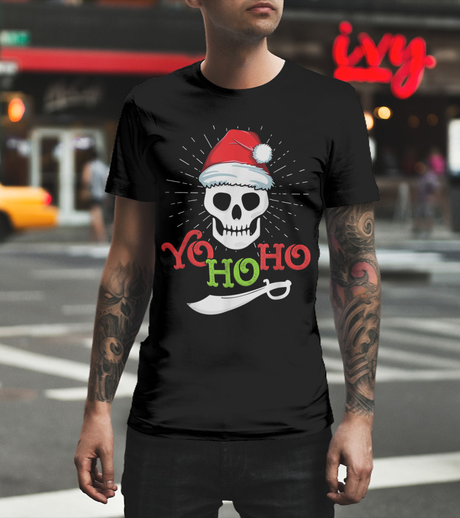 Yo Ho Ho Skull With Santa Hat And Sword T-Shirt
