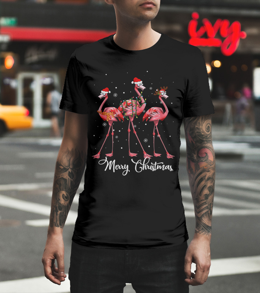 Merry Christmas Flamingo Christmas Lights Santa Hat Reindeer Antlers T-Shirt