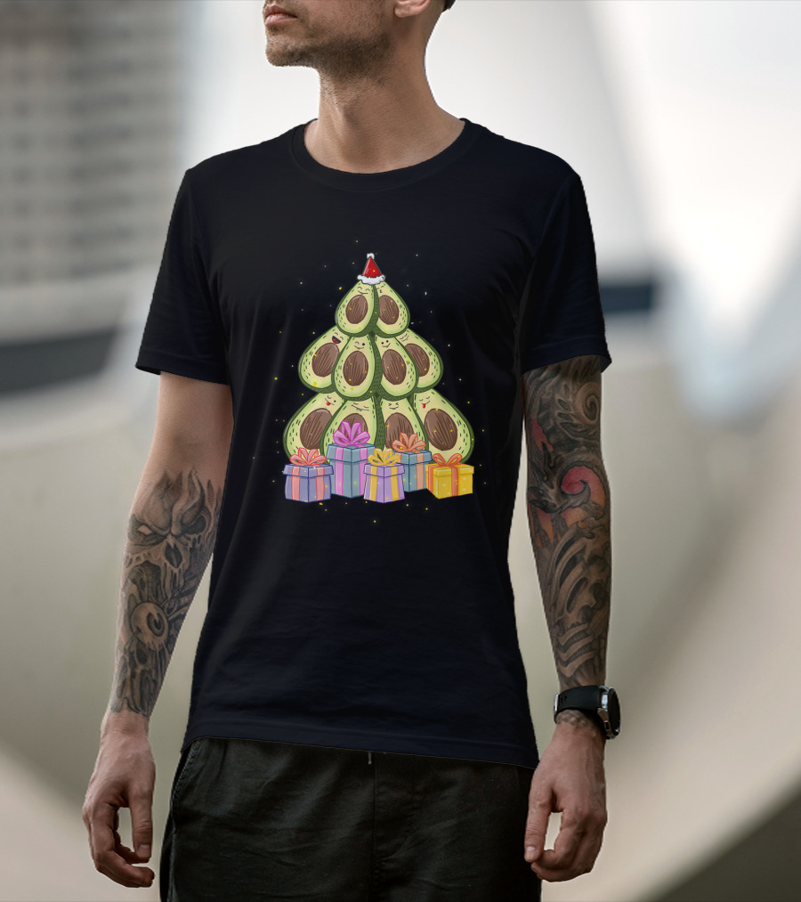 Avocado Christmas Tree With Santa Hat And Presents Avocado Lover T-Shirt