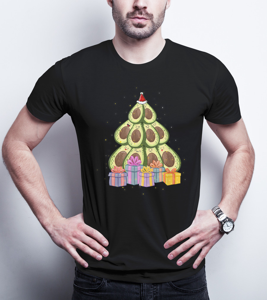 Avocado Christmas Tree With Santa Hat And Presents Avocado Lover T-Shirt