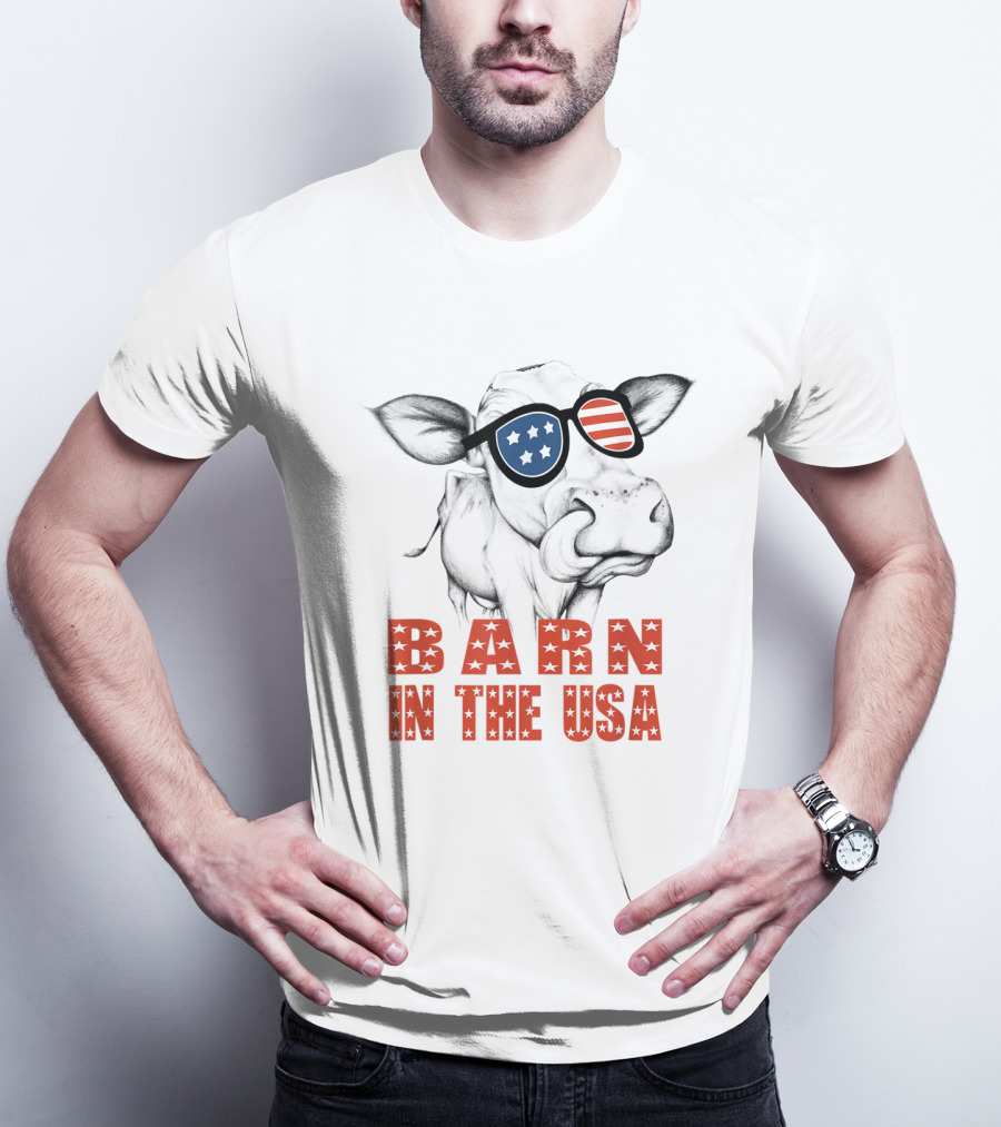 Barn In The USA Patriotic Flag Sunglasses Cow T-Shirt