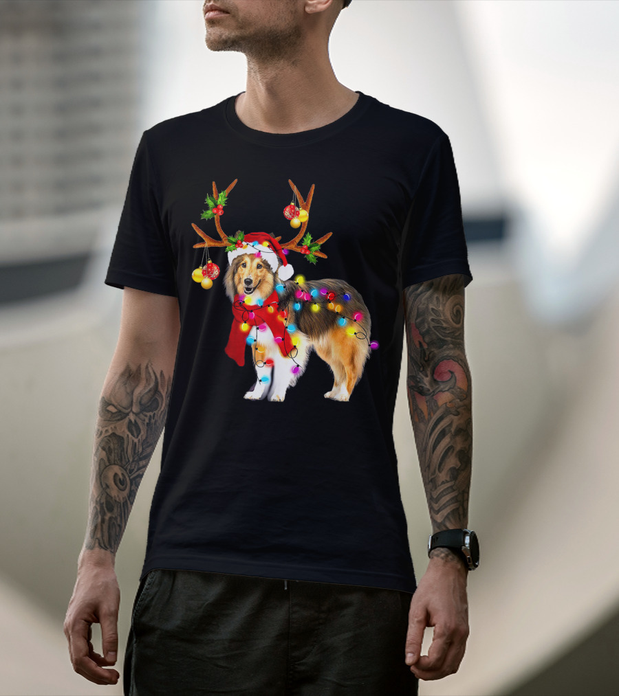 Christmas Sheltie Dog In Santa Hat With Reindeer Antlers And Colorful String Lights T-Shirt