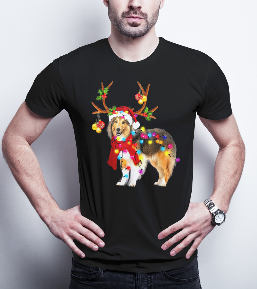 Christmas Sheltie Dog In Santa Hat With Reindeer Antlers And Colorful String Lights T-Shirt