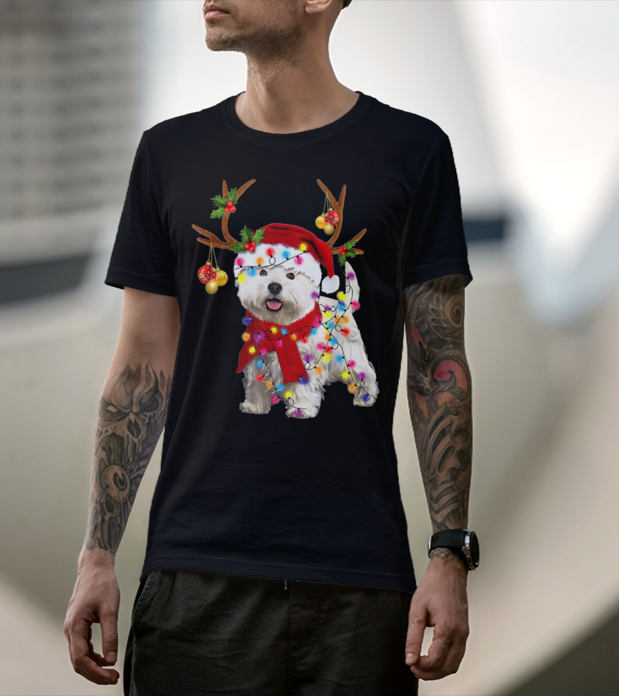 Santa Westie Dog Reindeer Lights Holiday T-Shirt