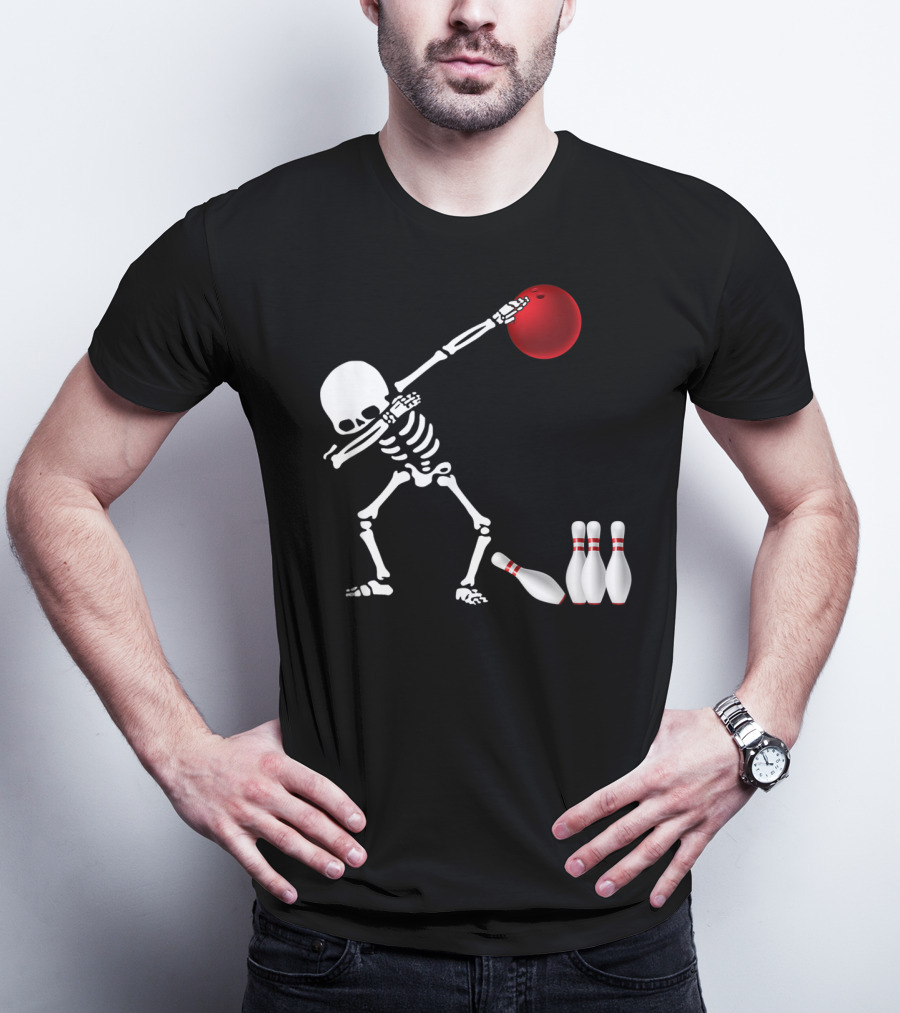 Skeleton Bowler Dabbing With Red Bowling Ball And Pins Fun Bones Lover T-Shirt