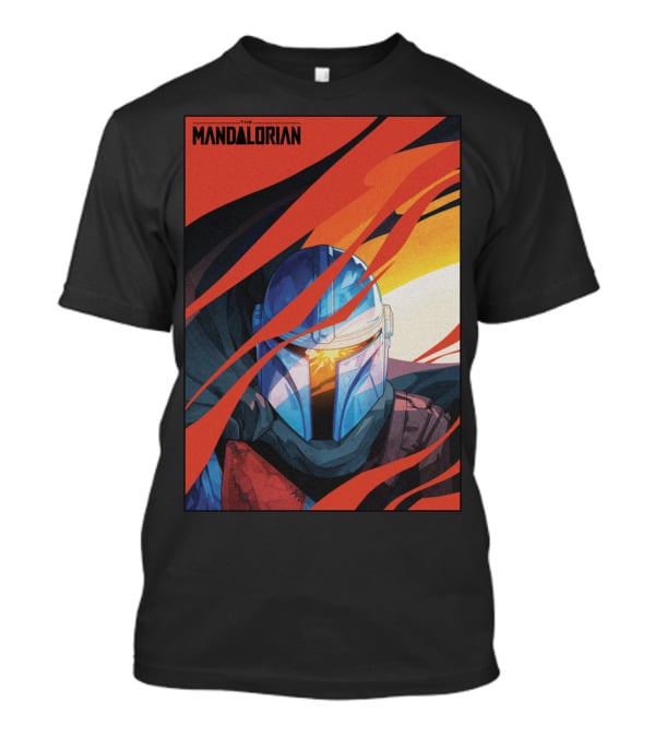 Star Wars The Mandalorian Helmet With Red And Orange Abstract Waves T-Shirt