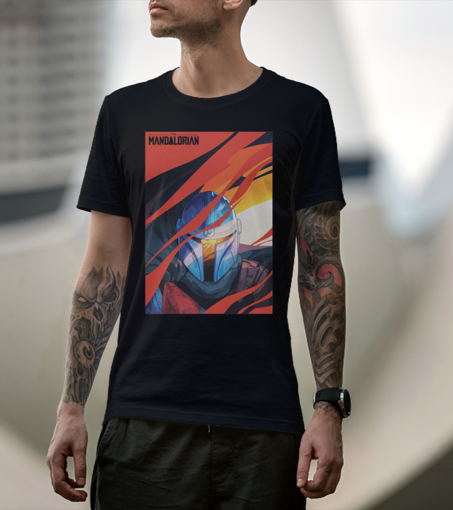 Star Wars The Mandalorian Helmet With Red And Orange Abstract Waves T-Shirt