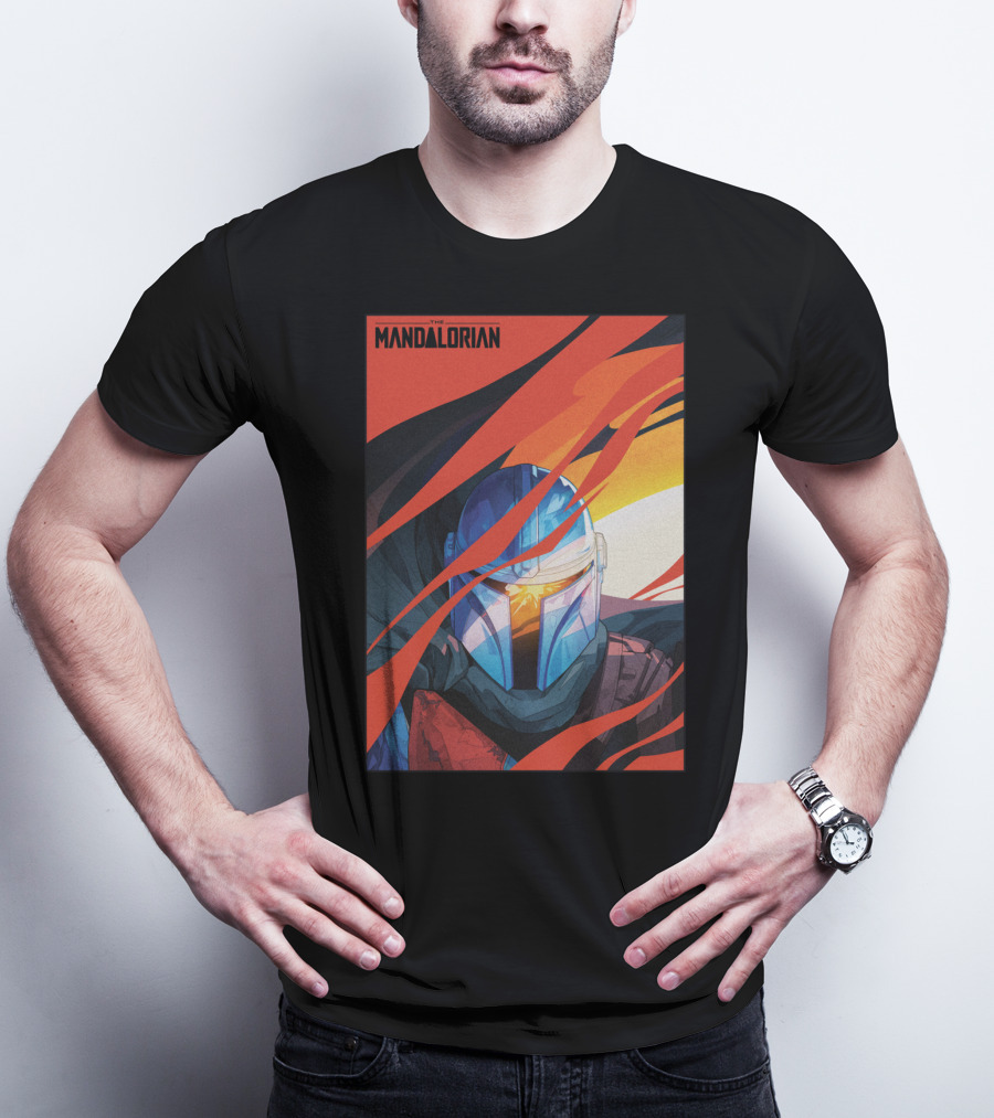 Star Wars The Mandalorian Helmet With Red And Orange Abstract Waves T-Shirt