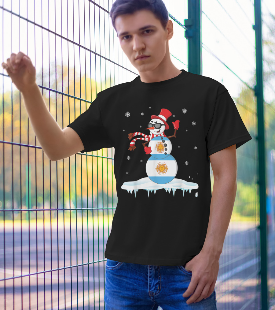 Argentinian Flag Snowman Dancing In Sunglasses Merry Winter T-Shirt