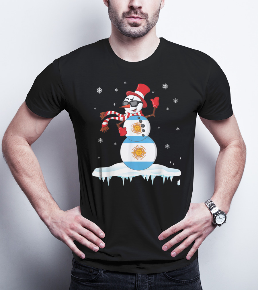 Argentinian Flag Snowman Dancing In Sunglasses Merry Winter T-Shirt