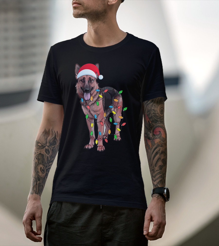 Christmas German Shepherd Dog Santa Hat Wrapped In Lights T-Shirt