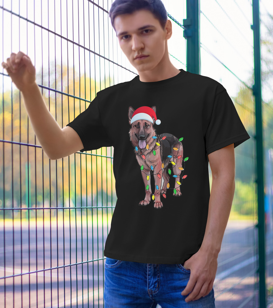 Christmas German Shepherd Dog Santa Hat Wrapped In Lights T-Shirt