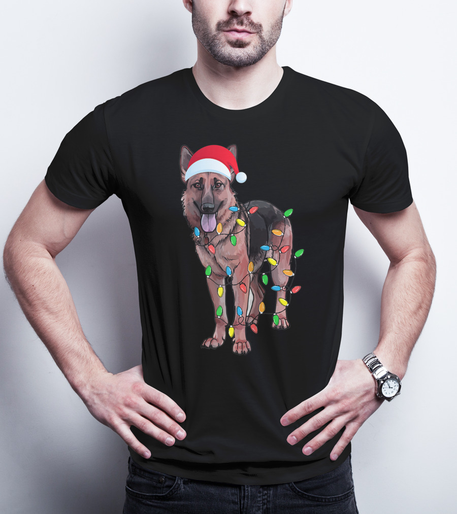 Christmas German Shepherd Dog Santa Hat Wrapped In Lights T-Shirt