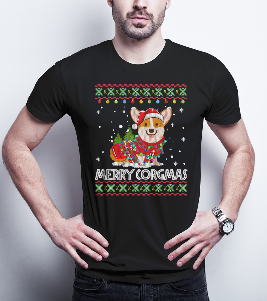 Merry Corgmas Corgi Dog Santa Hat Christmas Tree Lights Sweater Snowflakes T-Shirt