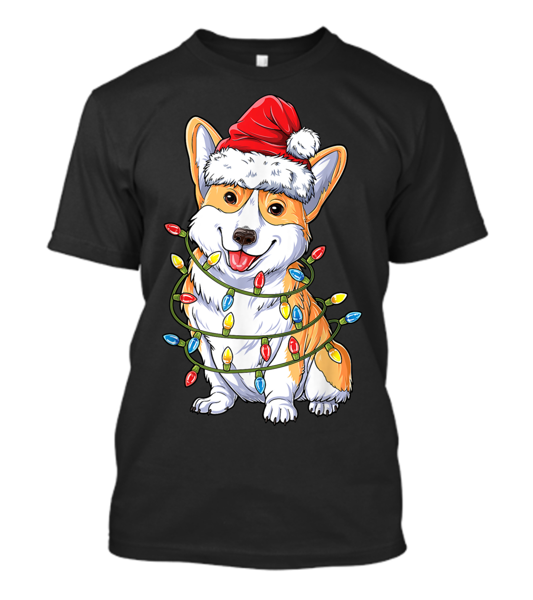 Corgi Santa Hat Wrapped In Christmas Tree Lights T-Shirt