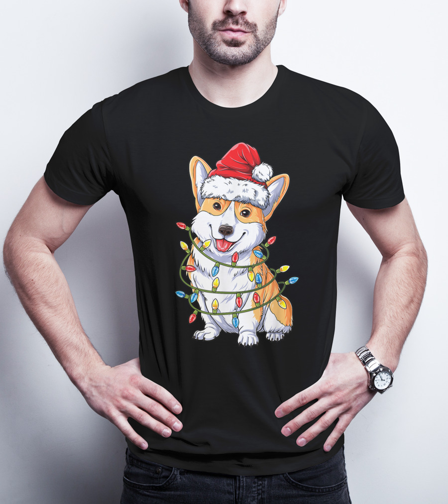 Corgi Santa Hat Wrapped In Christmas Tree Lights T-Shirt