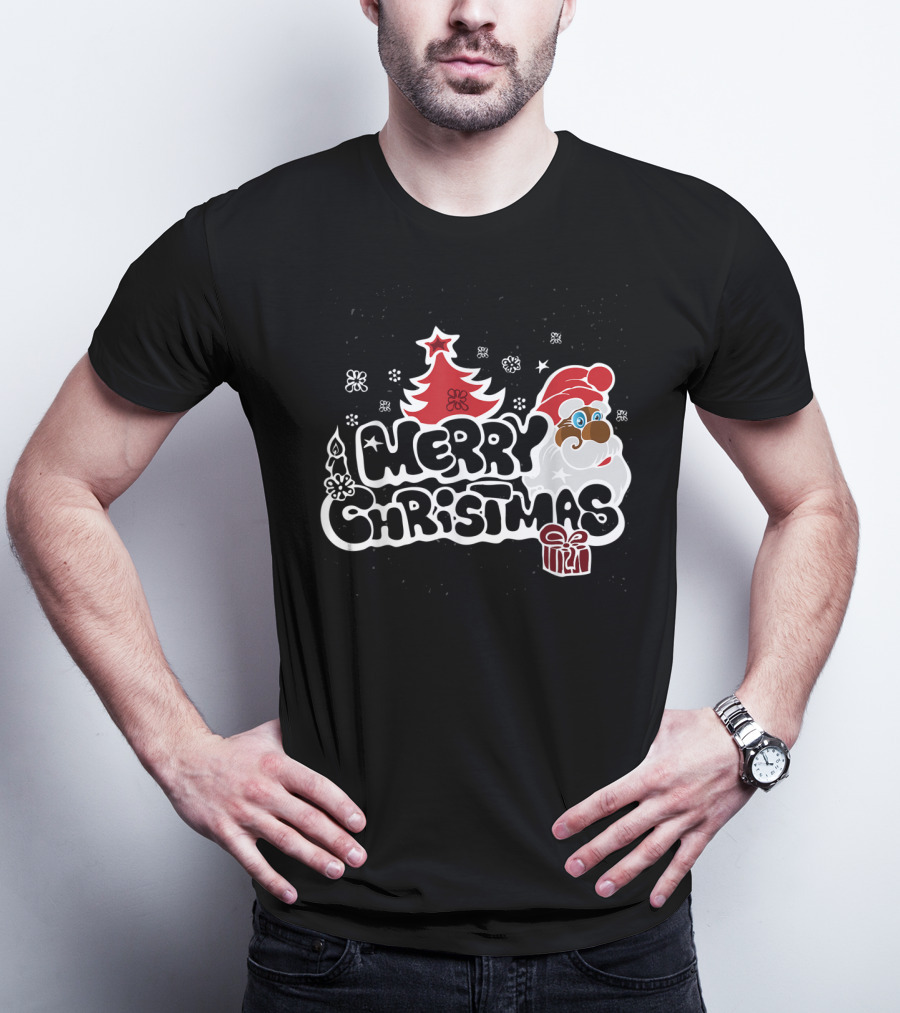 Merry Christmas Santa Red Tree Gift Black Holiday T-Shirt