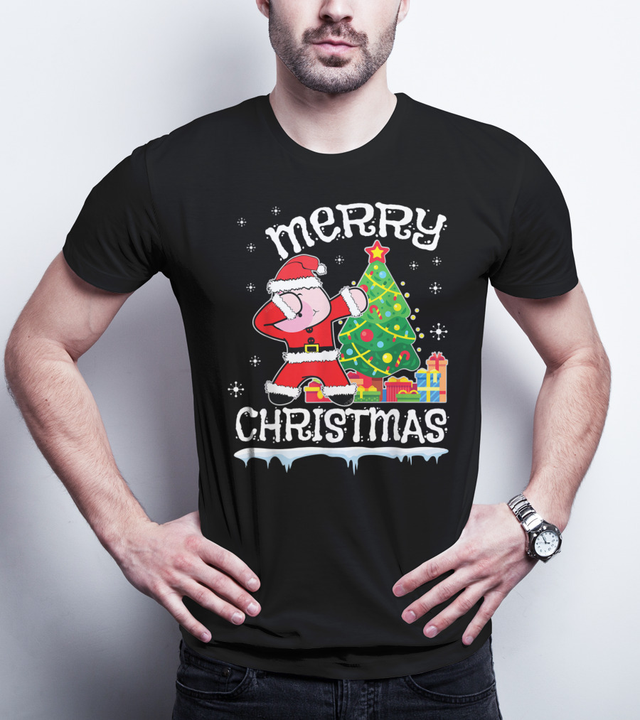 Merry Christmas Pig Dabbing By Noel Presents Tree Snow T-Shirt