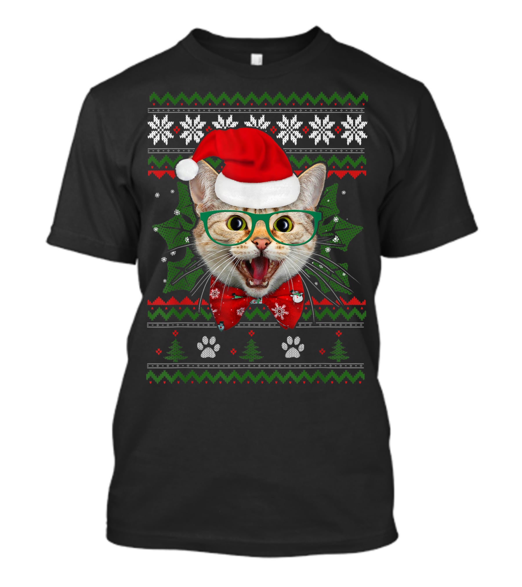 Santa Cat Holiday Ugly Christmas Sweater Look With Holly And Paws T-Shirt