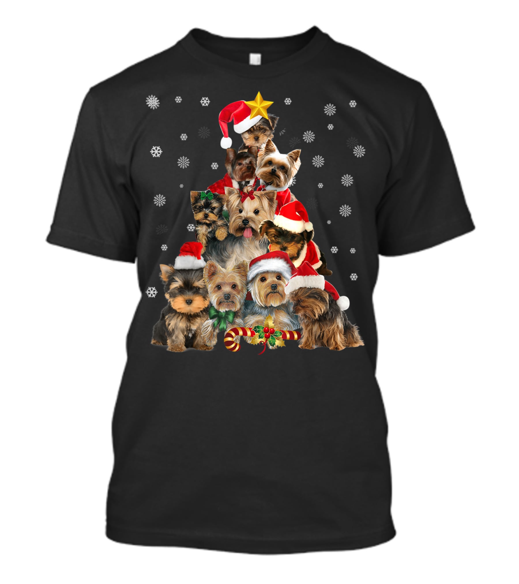 Yorkie Christmas Tree With Santa Hats And Candy Canes T-Shirt