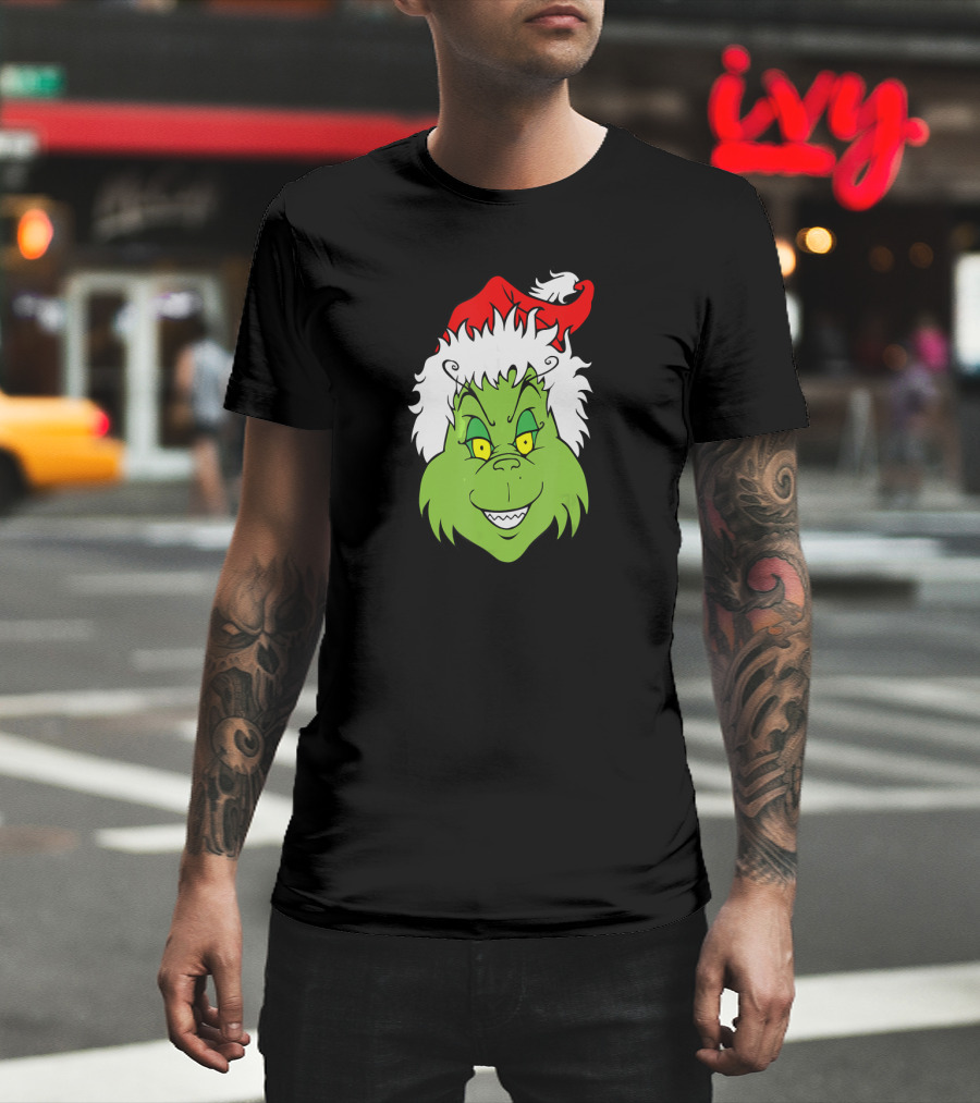 Christmas Grinch Face With Santa Hat T-Shirt