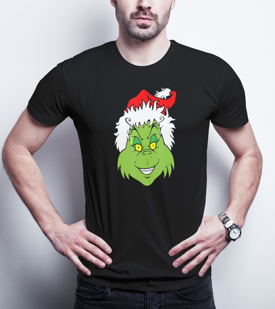 Christmas Grinch Face With Santa Hat T-Shirt