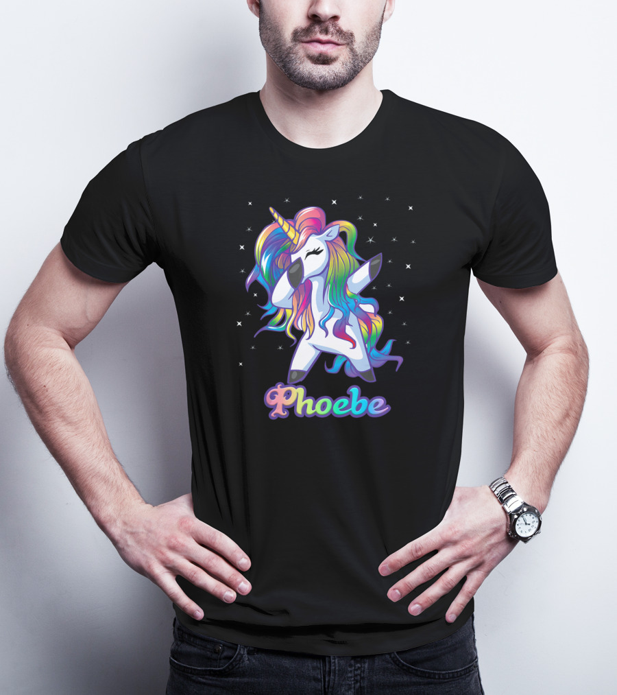 Phoebe Name Personalized Rainbow Unicorn Dabbing Stars T-Shirt