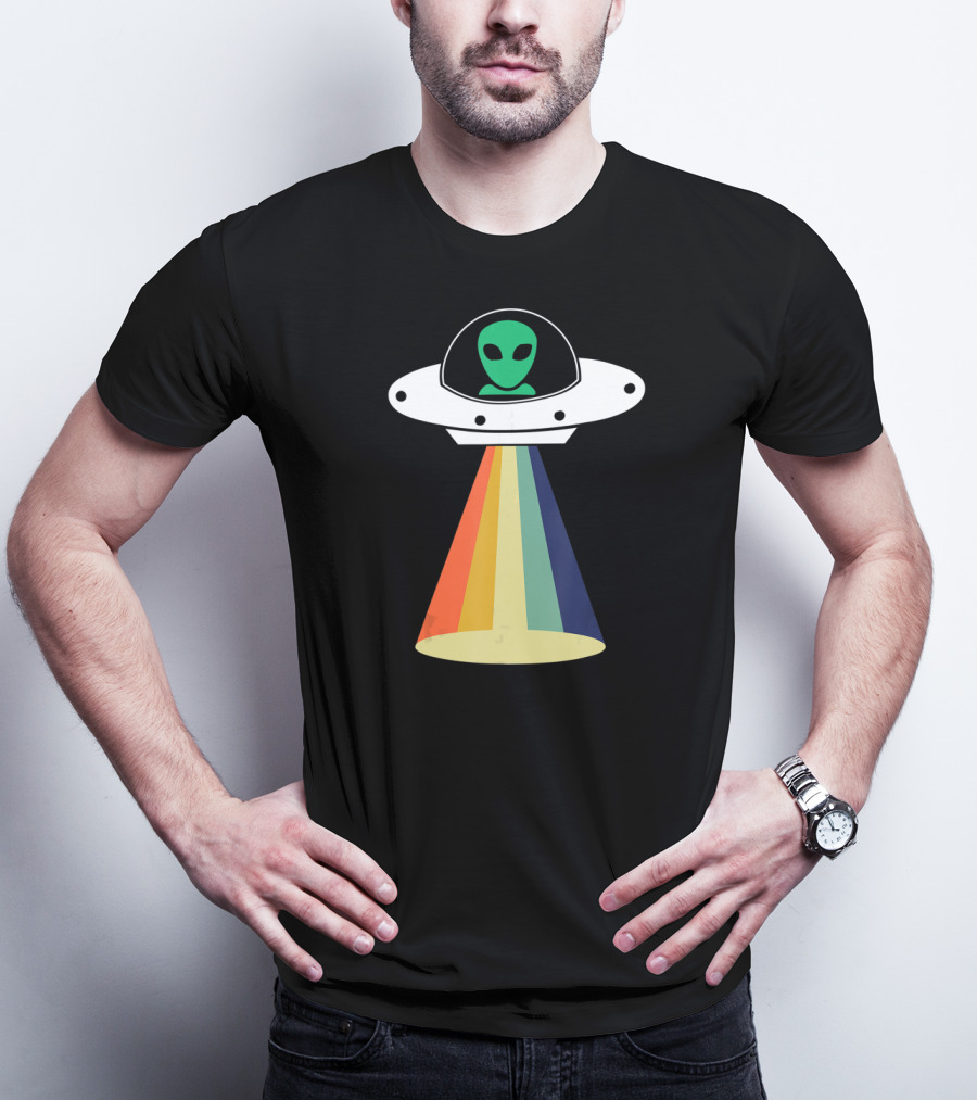 Rainbow Beam UFO Alien Christmas Outerspace Visitor T-Shirt