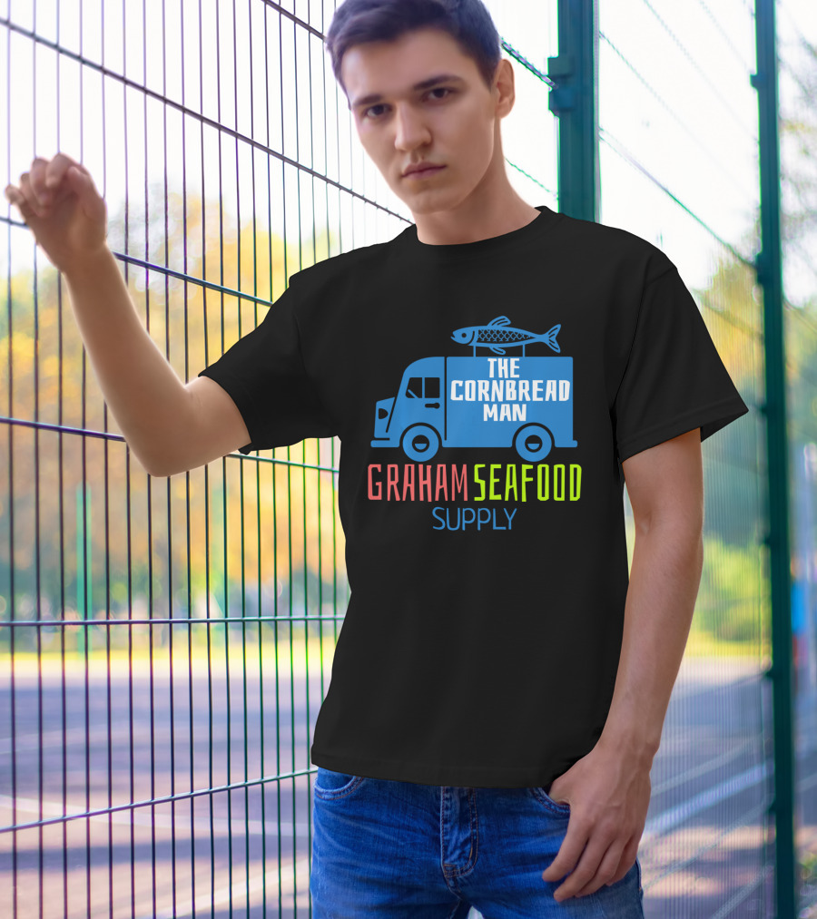 Graham Seafood Supply The Cornbread Man Food Truck With Fish On Top T-Shirt