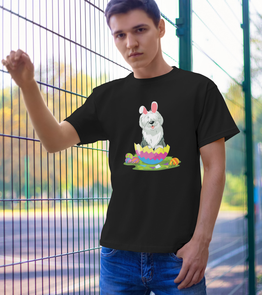 Old English Sheepdog Bunny Ears Easter Egg Scene T-Shirt