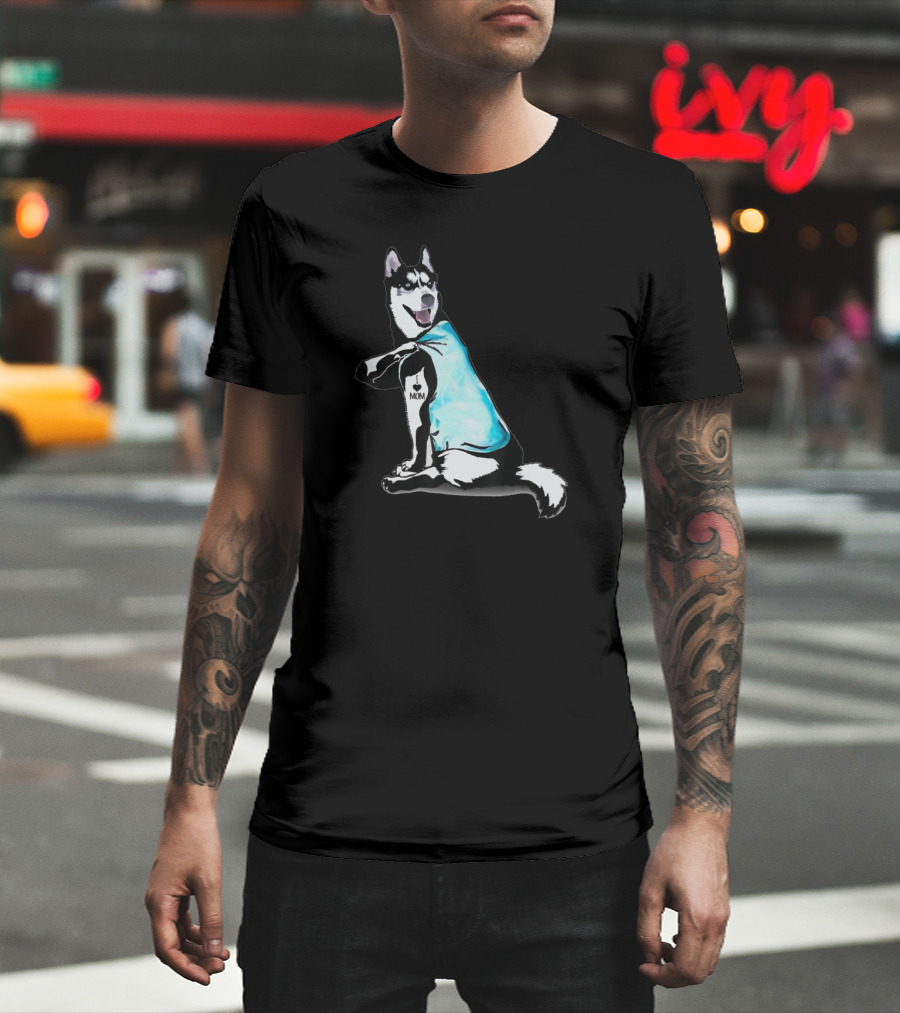 Siberian Husky I Love Mom Tattoo Blue T-Shirt