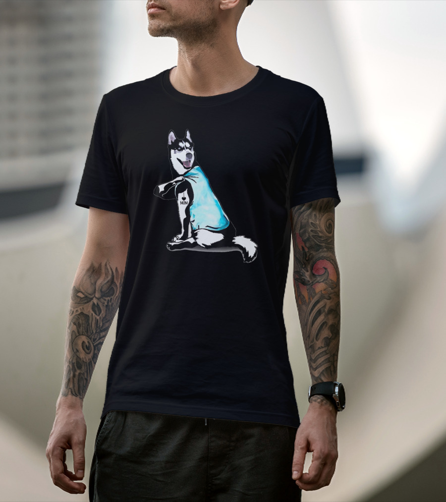 Siberian Husky I Love Mom Tattoo Blue T-Shirt