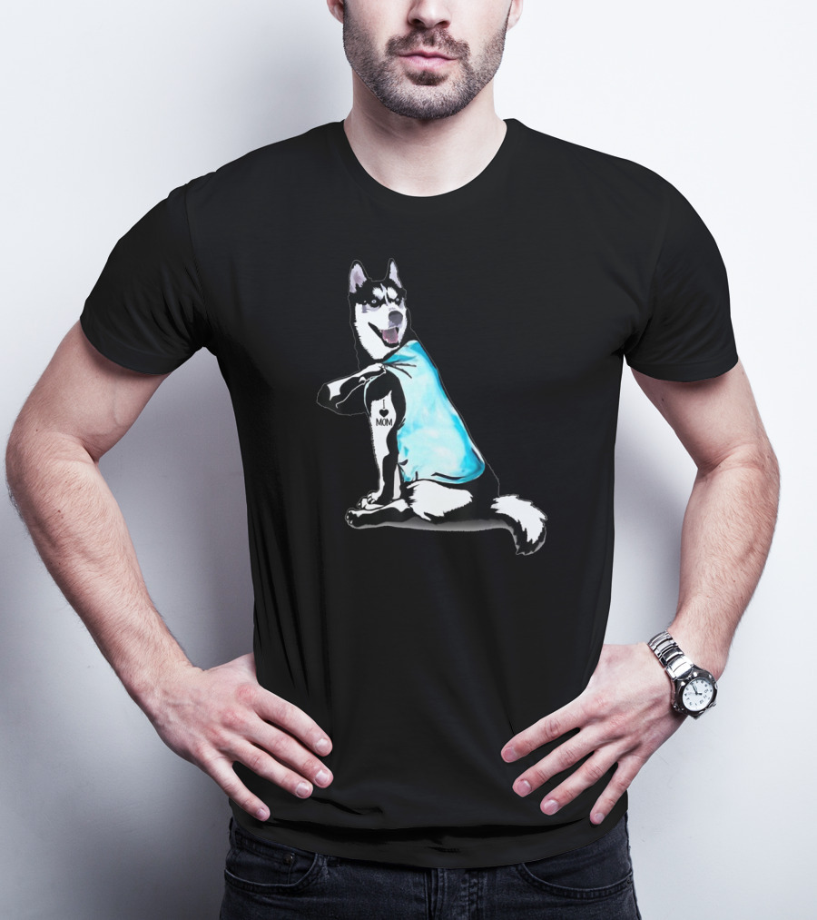 Siberian Husky I Love Mom Tattoo Blue T-Shirt
