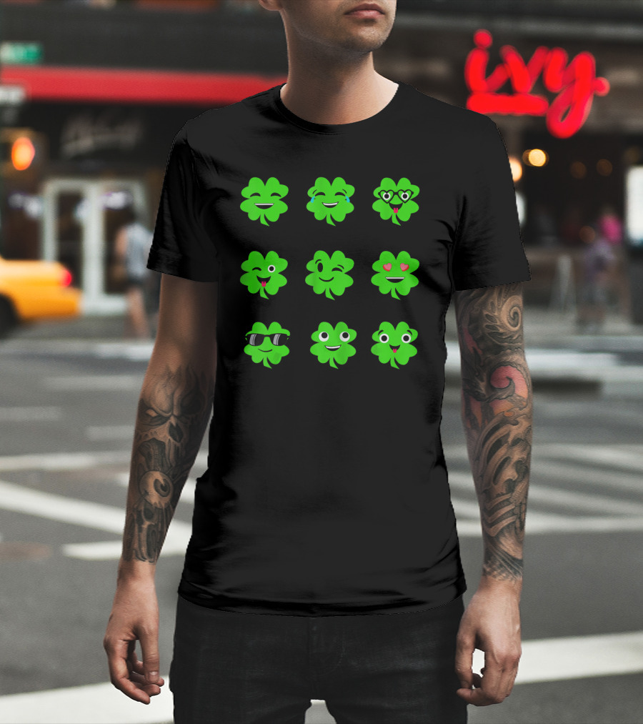 St Patricks Day Irish Shamrock Emoji Faces With Heart Eyes And Sunglasses T-Shirt