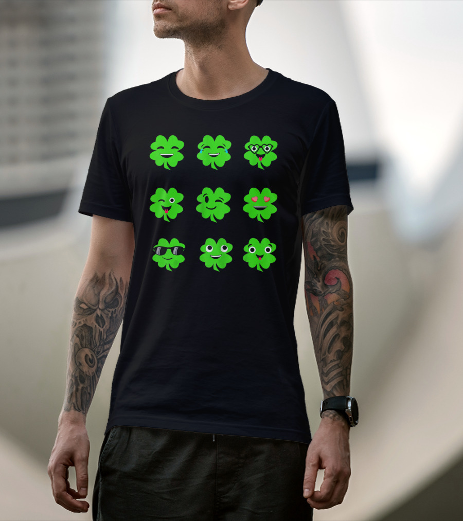 St Patricks Day Irish Shamrock Emoji Faces With Heart Eyes And Sunglasses T-Shirt