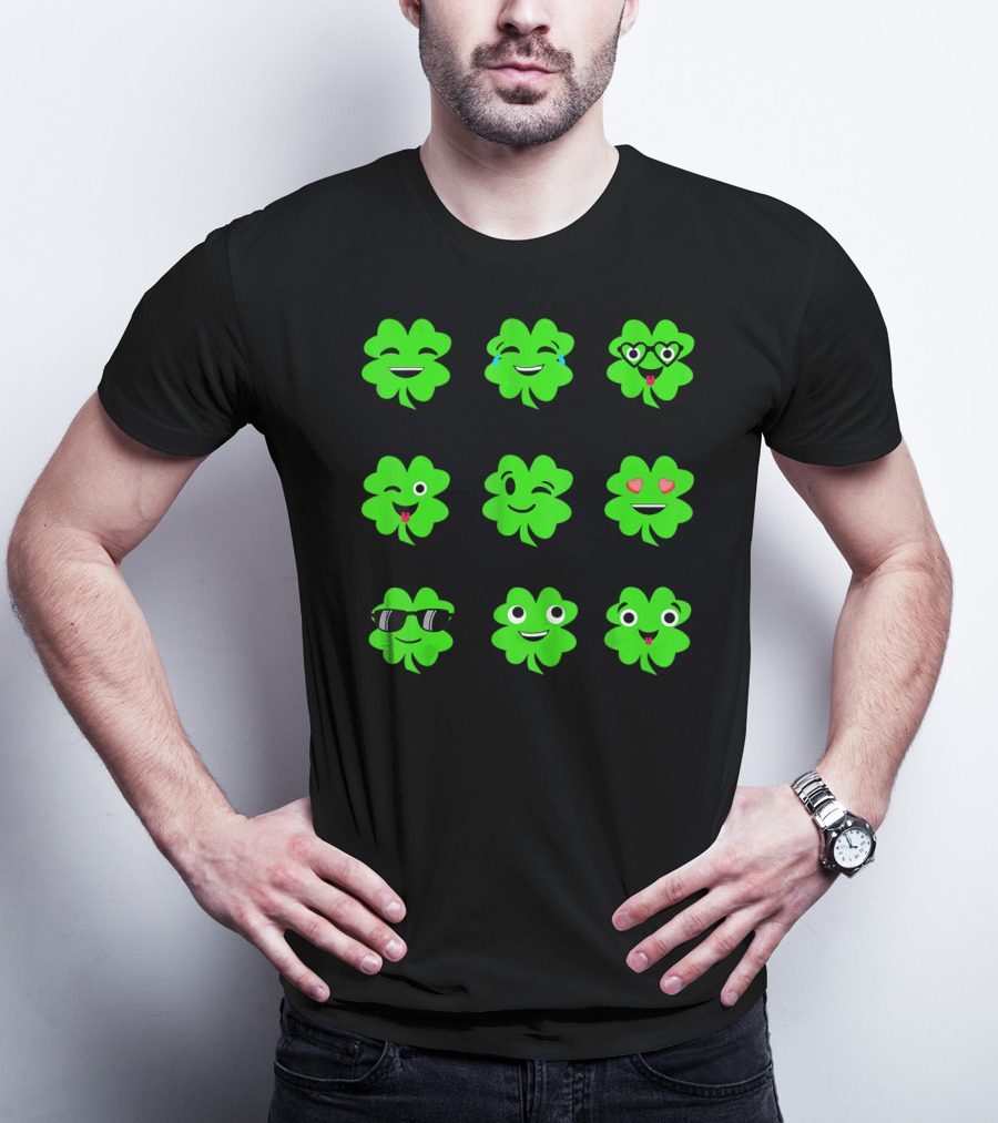 St Patricks Day Irish Shamrock Emoji Faces With Heart Eyes And Sunglasses T-Shirt