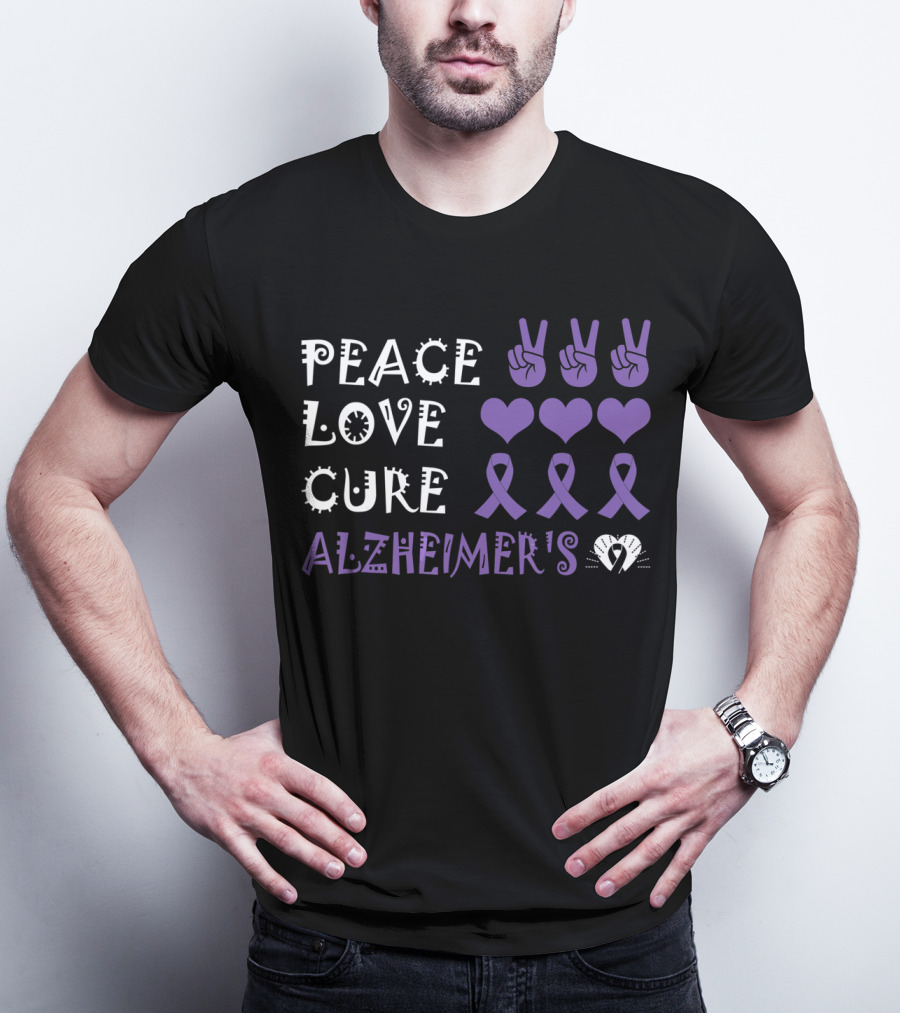 Peace Love Cure Alzheimer's Purple Ribbons Hearts And Peace Signs T-Shirt